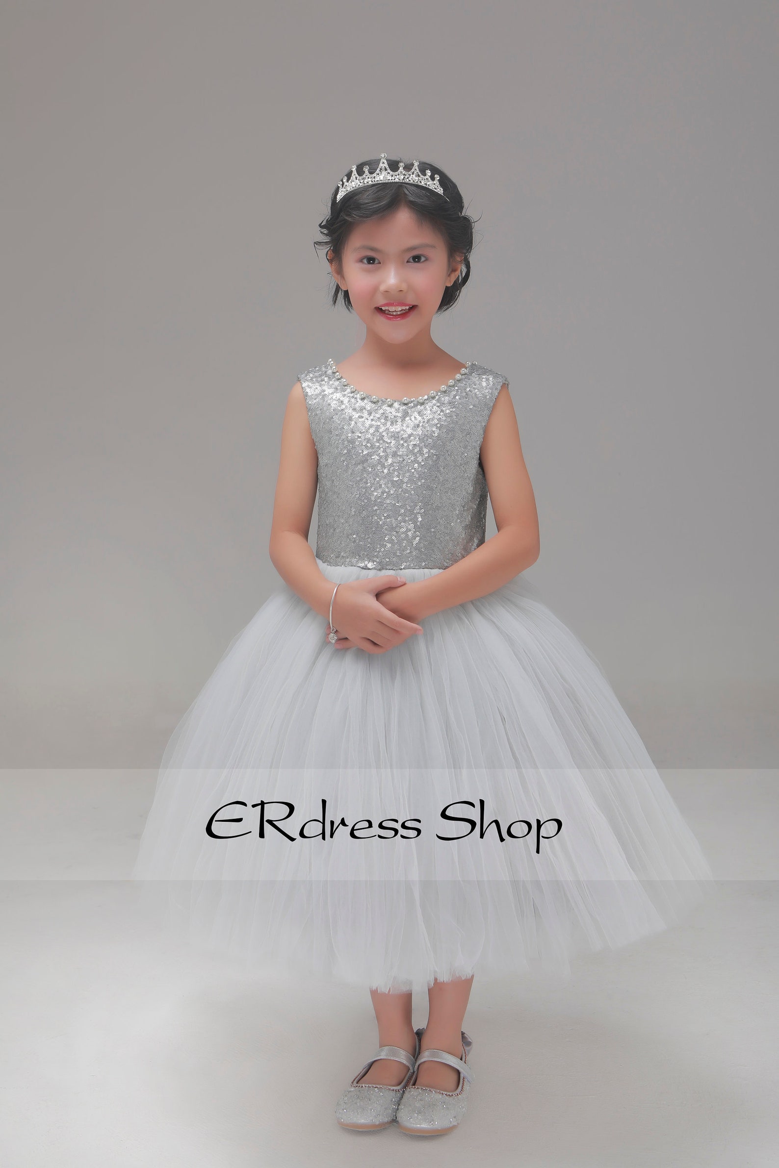 Silver Flower Girl Dress With Pearl Neckline/ Sequin - Etsy