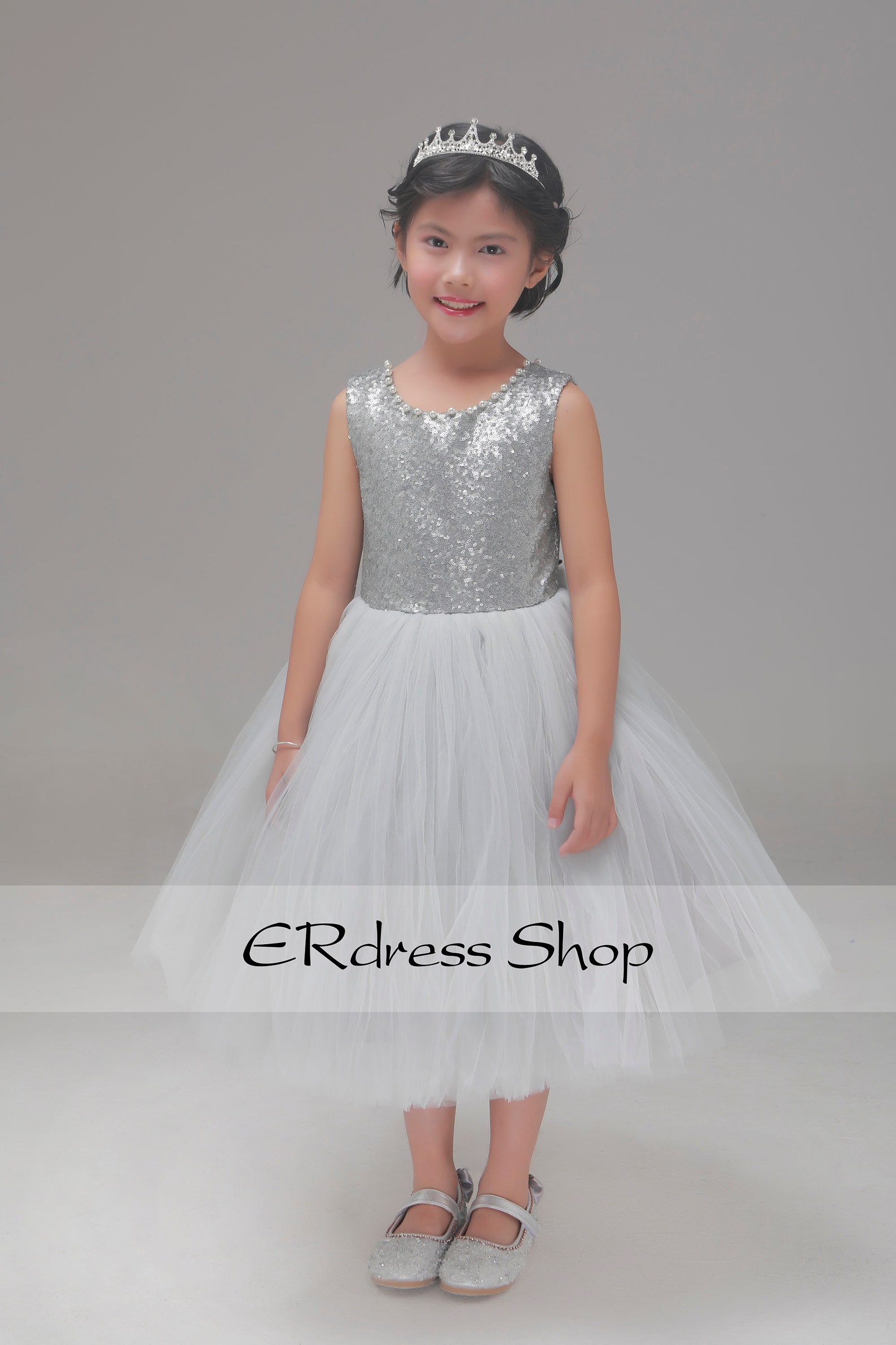 Silver Flower Girl Dress With Pearl Neckline/ Sequin - Etsy