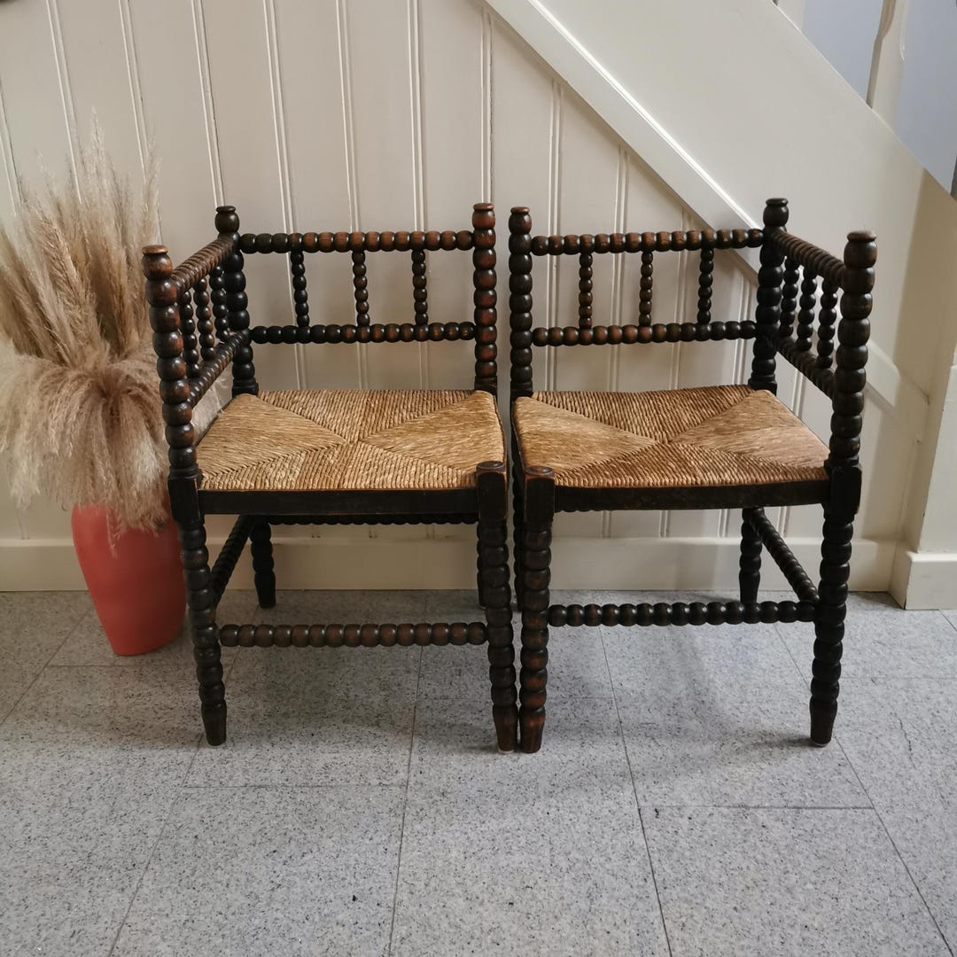 Pair of Antique Corner Bobbin Chairs With Rush Seat. Edwardian, Rattan ...