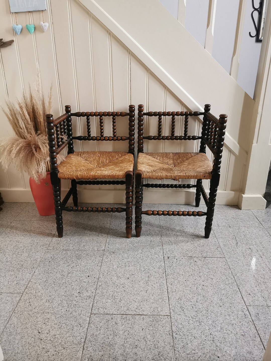 Pair of Antique Corner Bobbin Chairs With Rush Seat. Similar Edwardian ...
