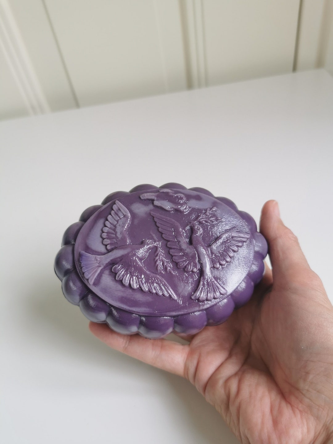 30s Art Deco Purple Milk Glass Soap Box With Peace Pigeons Made for ...