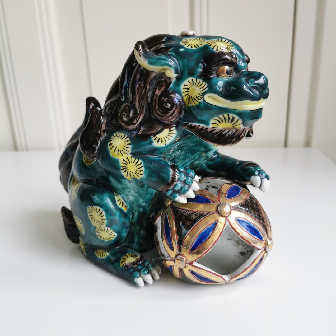 Vintage Foo Dog Green and Gold Porcelain, Japanese Mythological Figure ...