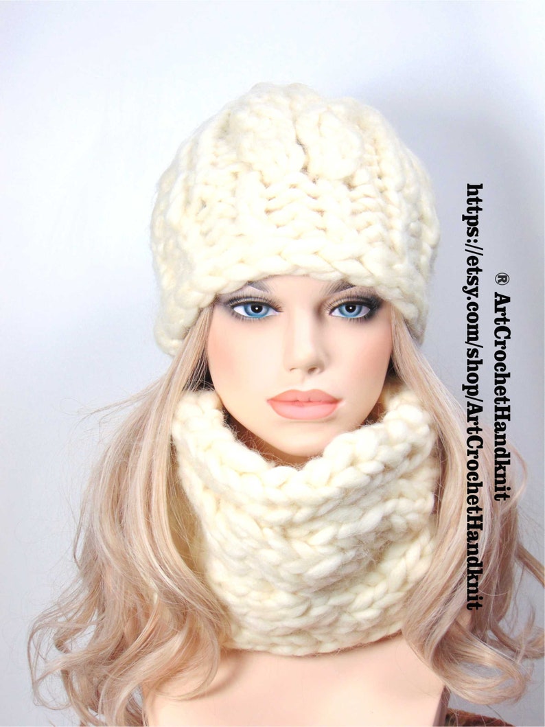 Oversized Hat/scarf Set Giant Scarf Hat Women's. White Bulky Wool Scarf ...