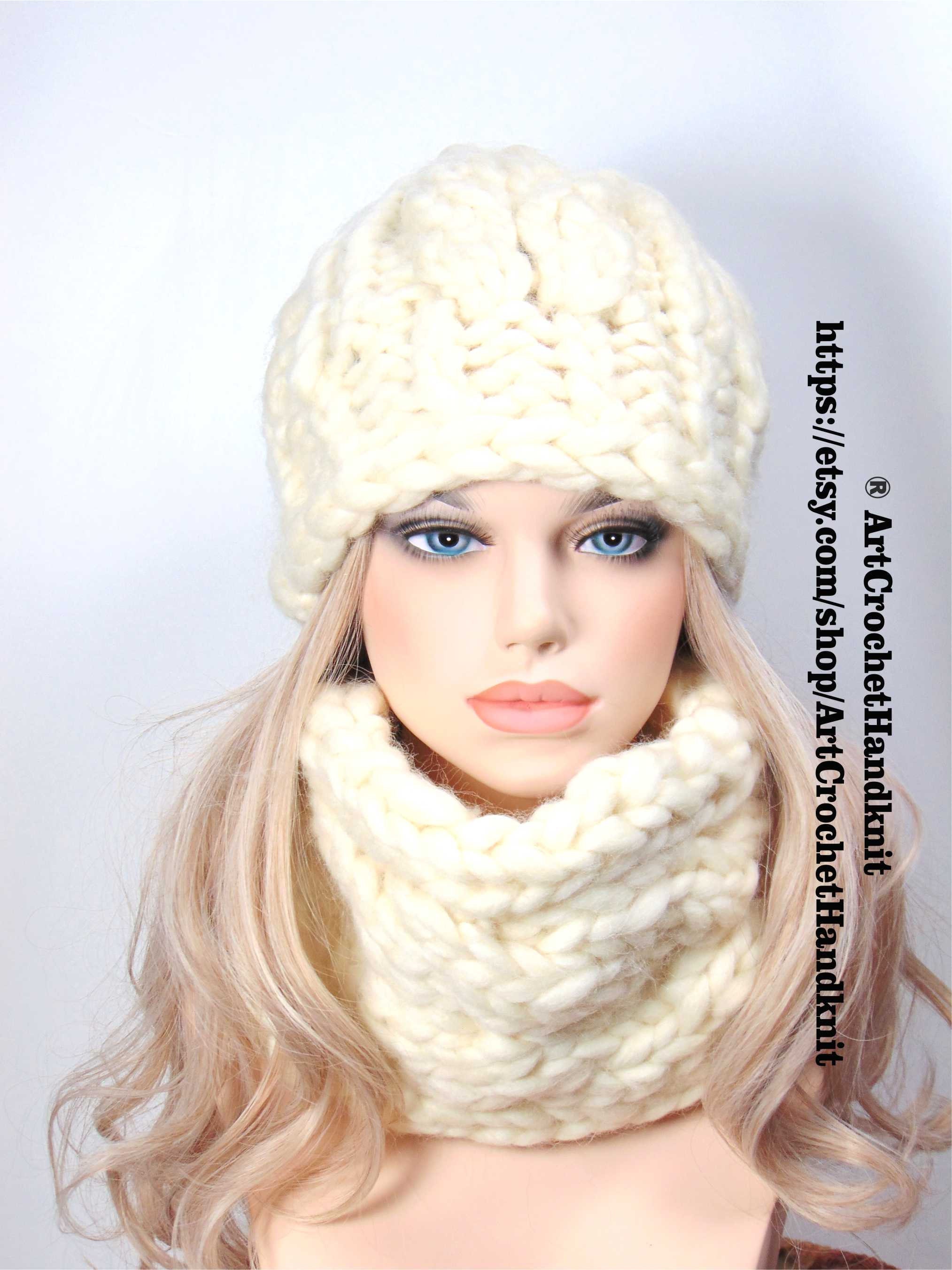 Oversized Hat/scarf Set Giant Scarf Hat Women's. White Bulky Wool Scarf ...