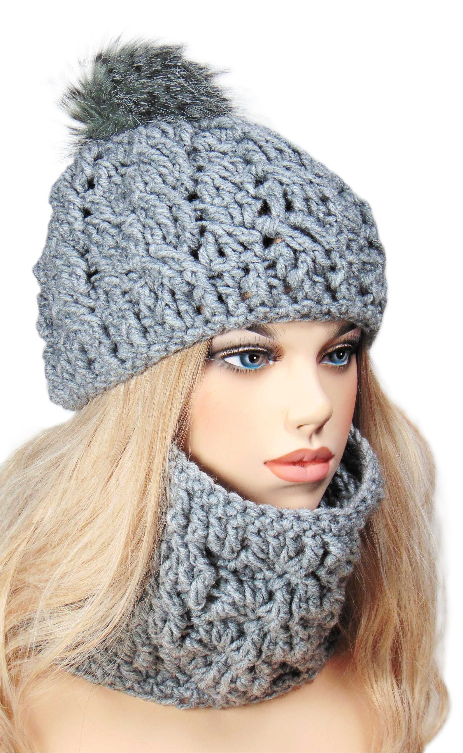 Handmade Cable Knit Wool Hat & Scarf Set: Silver Grey Chunky Beanie - Etsy