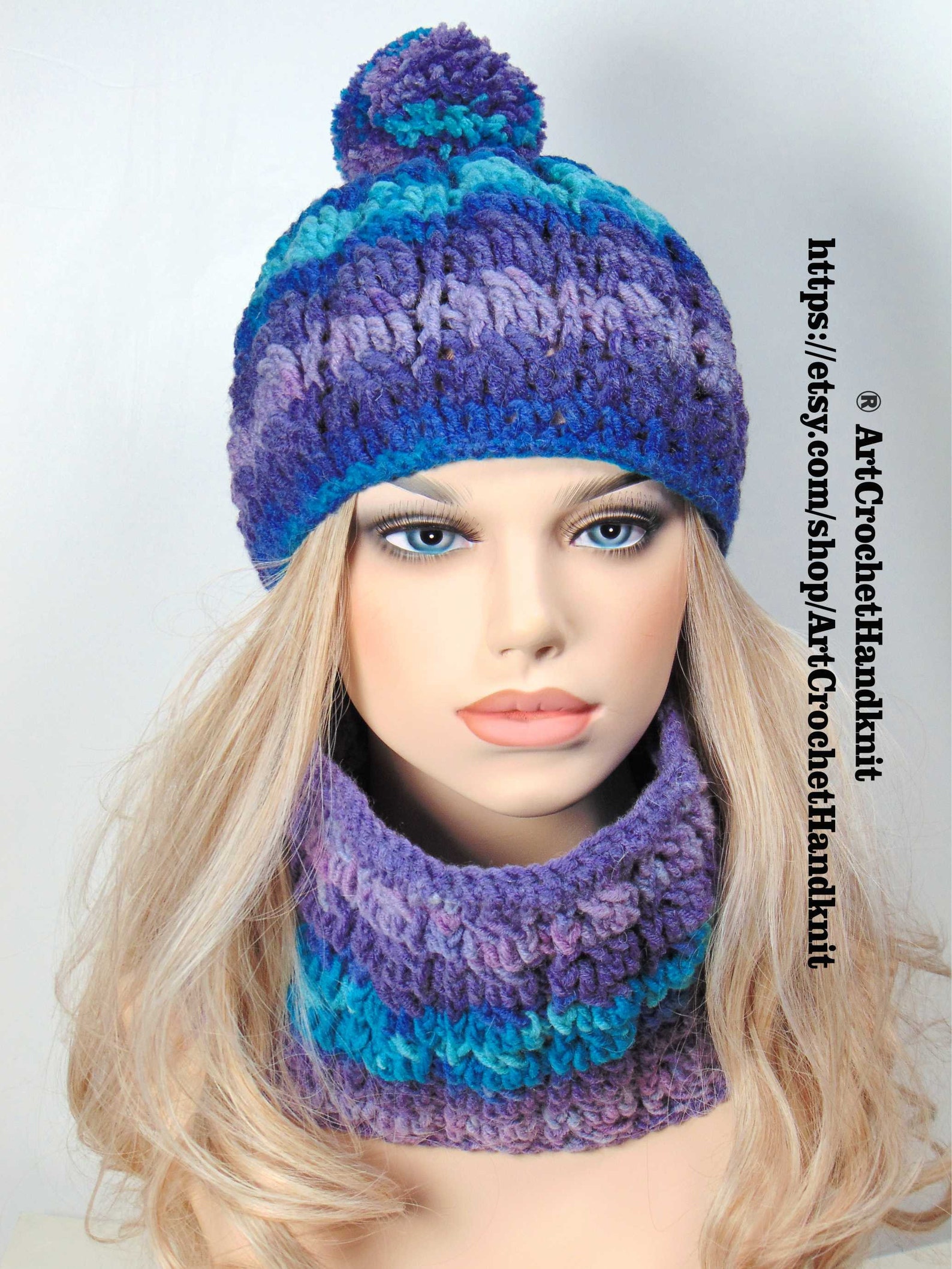 Ski Hat & Scarf Set Women/men. Chunky Multicolor Purple Hat Scarf. Wool ...
