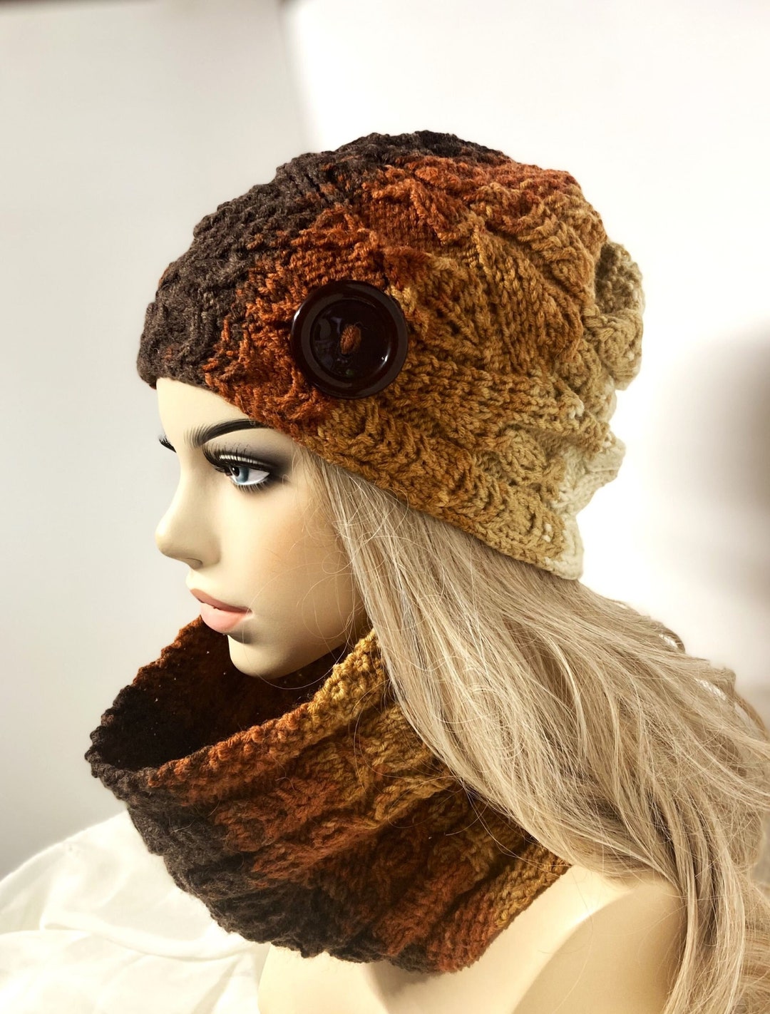 Orange Hat & Scarf Set Women's. Winter Wool Hat With Button and Scarf ...
