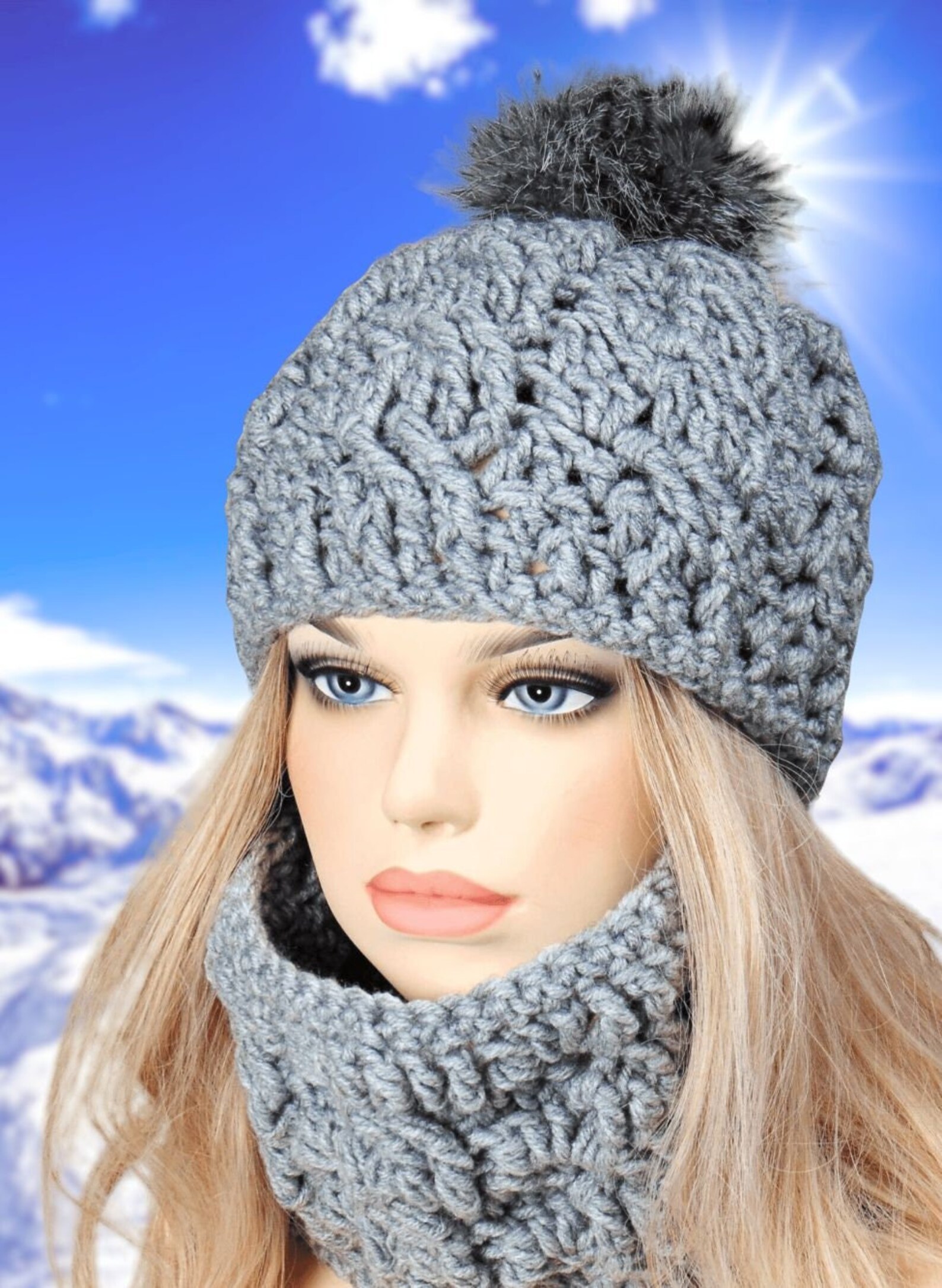 Handmade Cable Knit Wool Hat & Scarf Set: Silver Grey Chunky Beanie - Etsy