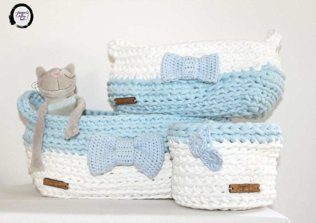 Baby Boy Nursery Decor, White & Baby Blue, 3 Basket Sets, Crochet ...