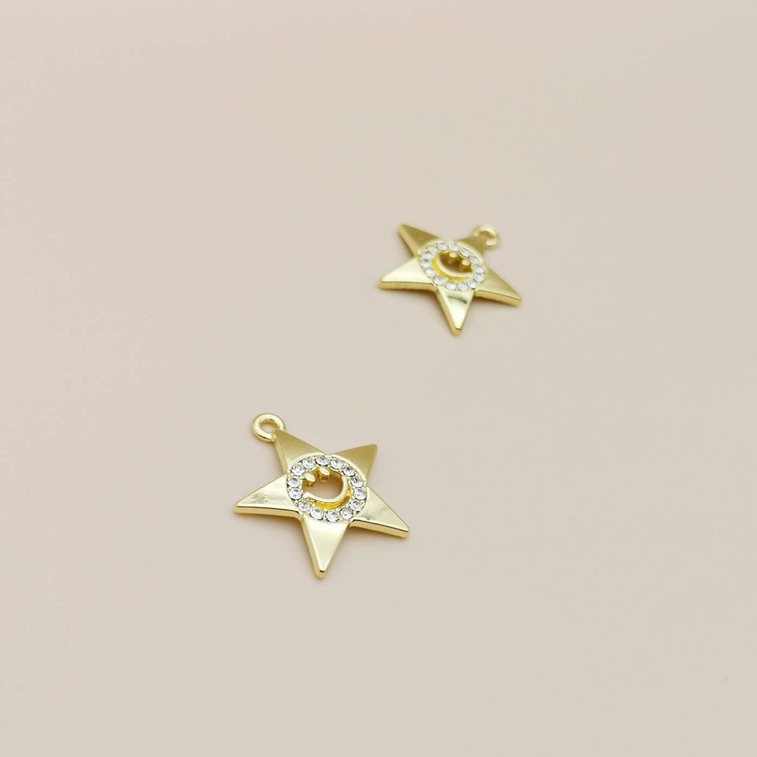 18k Star Face Charms, Gold Star Pendant With Pavé Smile, Star With ...
