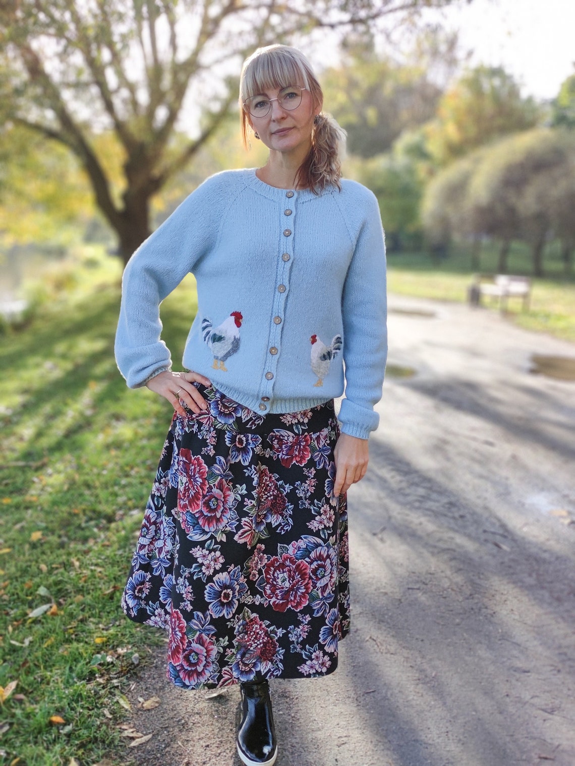 Handmade Knitted Button Down Sweater for Women With Embroidered Floral ...