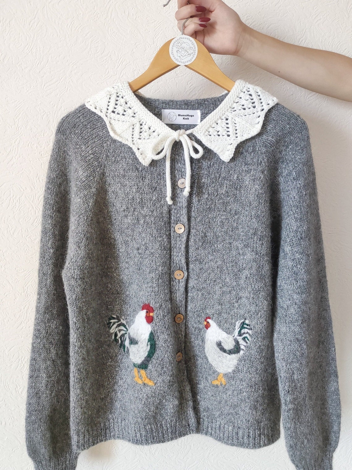 Handmade Knitted Button Down Sweater for Women With Embroidered Floral ...