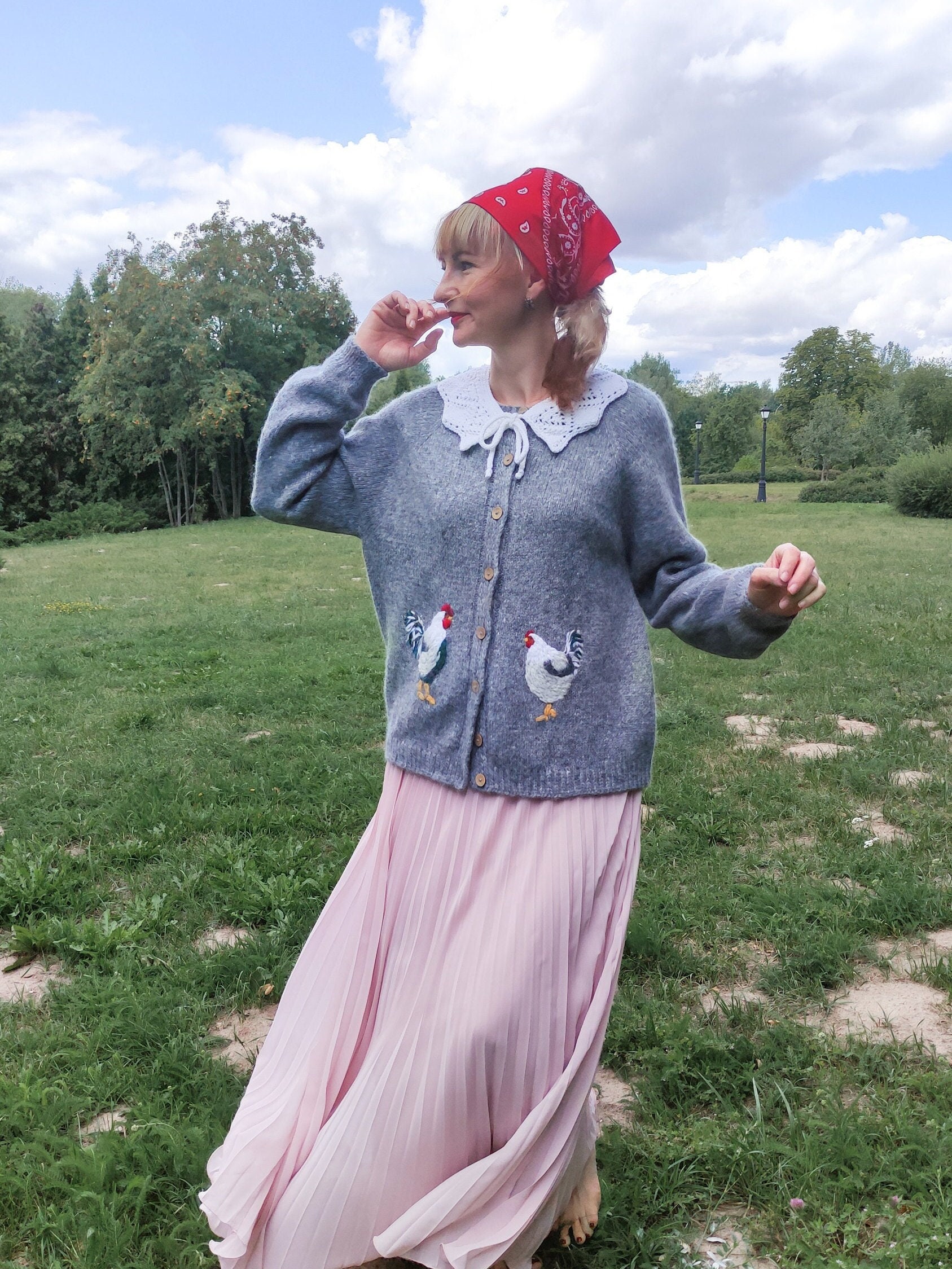 Handmade Knitted Button Down Sweater for Women With Embroidered Floral ...