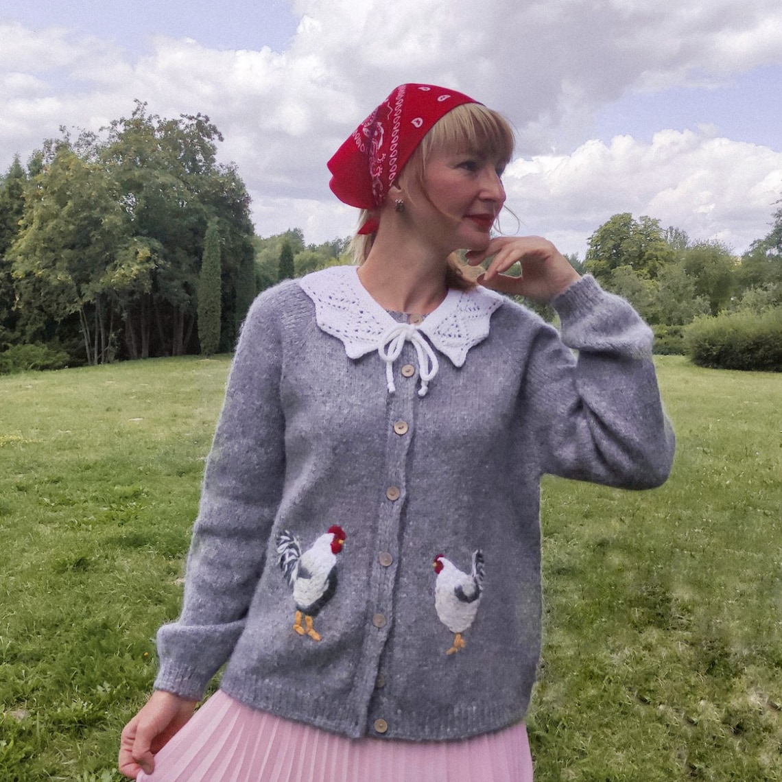 Handmade Knitted Button Down Sweater for Women With Embroidered Floral ...