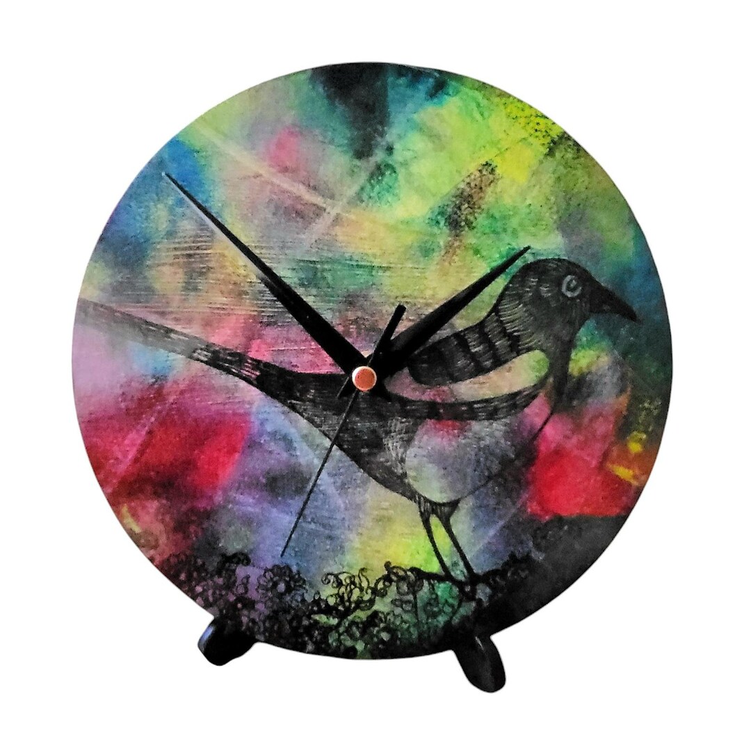 Magpie Wall/desk Clock. Original Bird Linoprint Colourful Monoprint ...