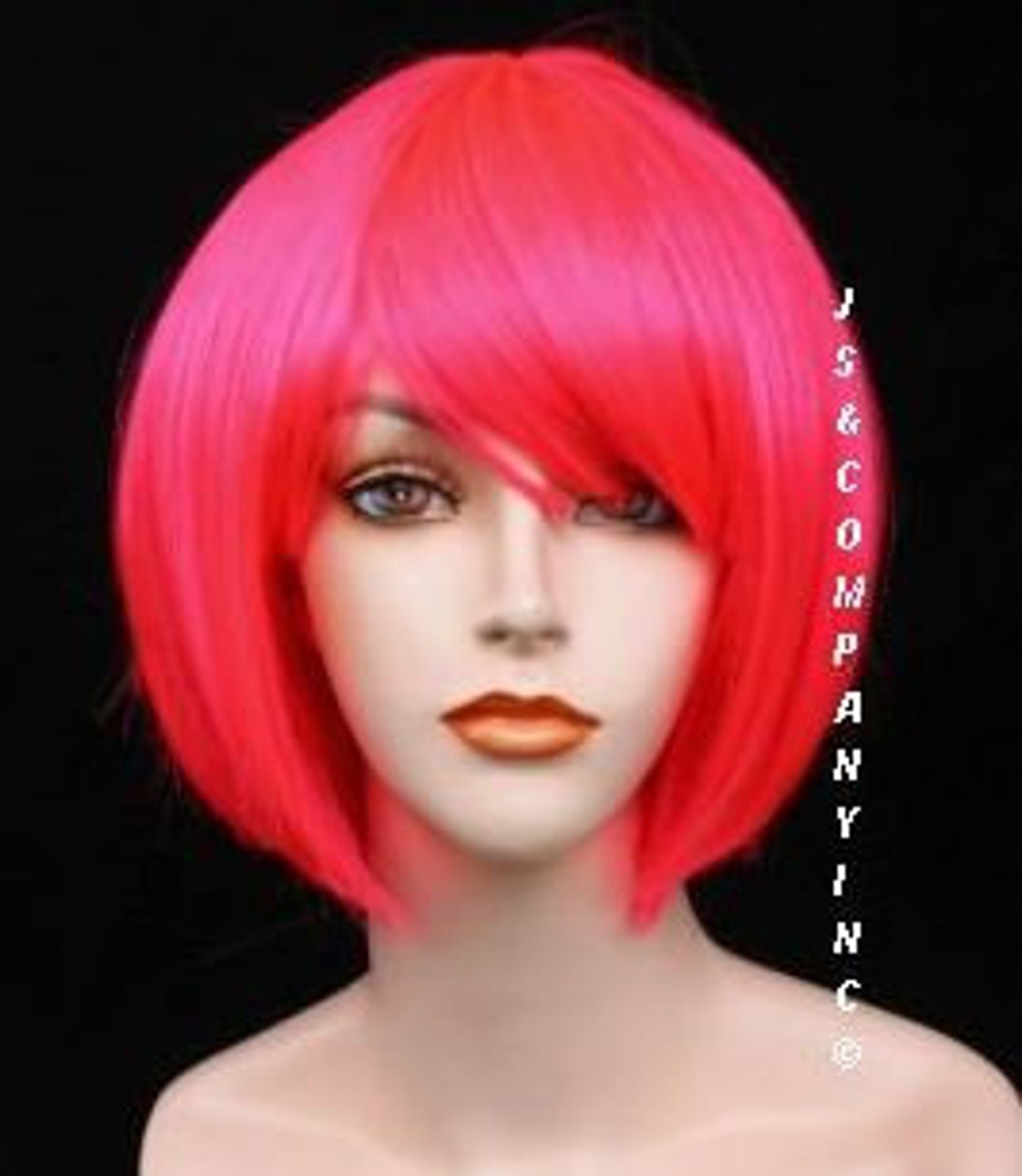 HOT PINK Bob Straight Wig Tapered Back Bangs Theatrical Anime Emo Clue ...