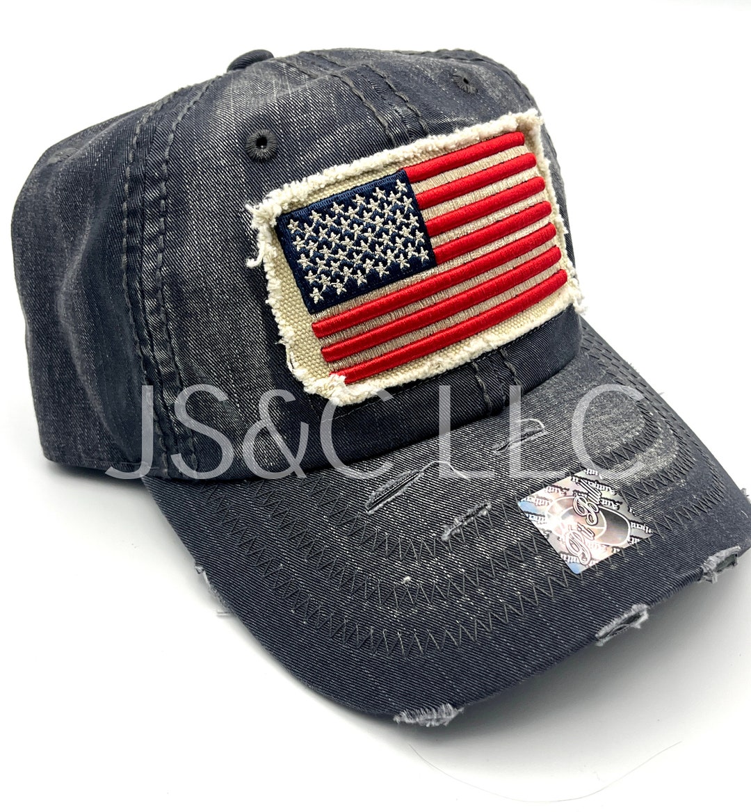 American USA Flag Cap Vintage Distressed Black Grey Washed Fashionable ...