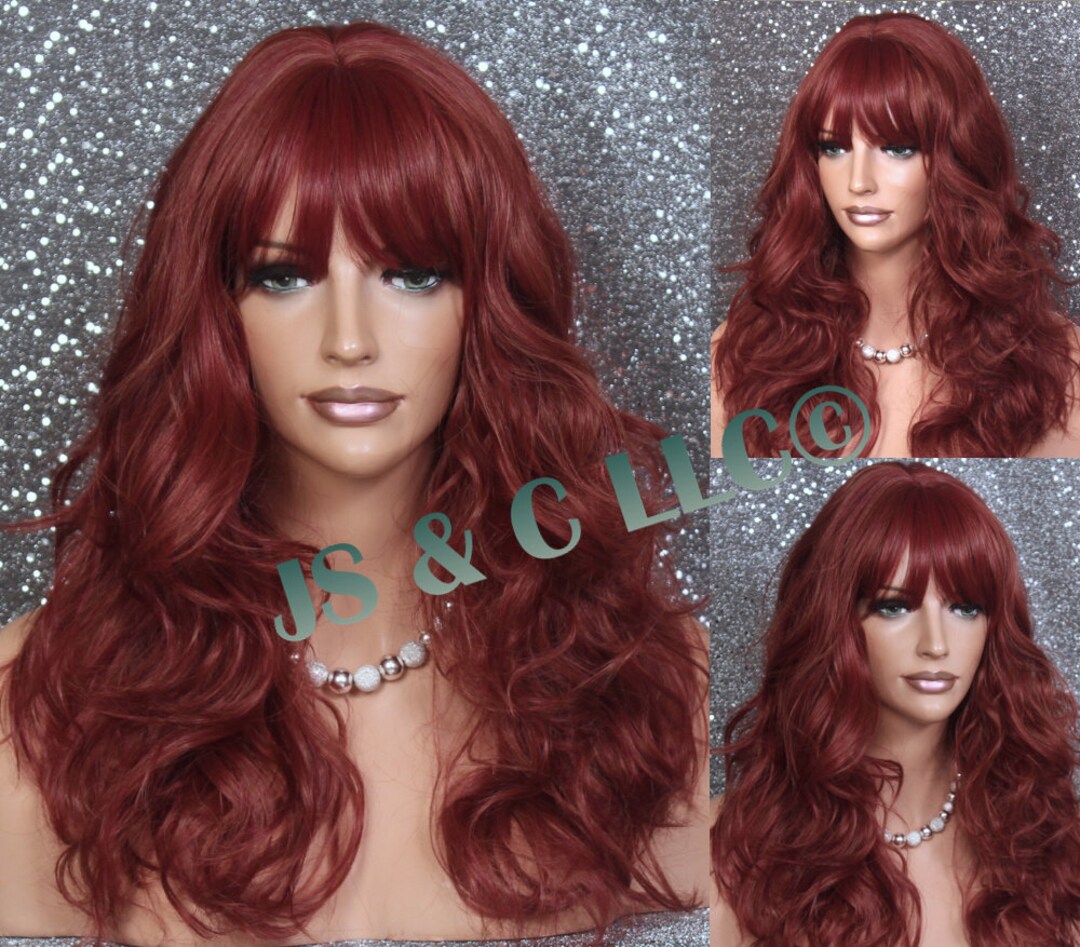 Heat Safe Wine Red Curly Wig With Bangs and Center Part Layered and ...