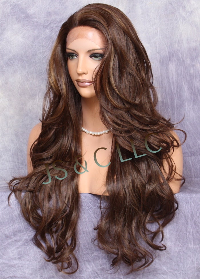 Full Lace FRONT Wig Human Hair Blend Long Wavy Layered Brown Medium ...