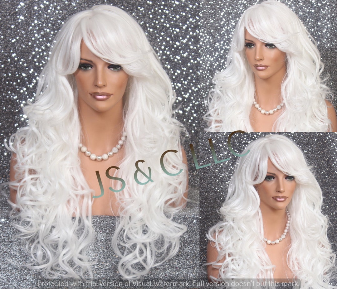 Beautiful White Long Full Layered Human Hair Blend Wig With Curls and ...