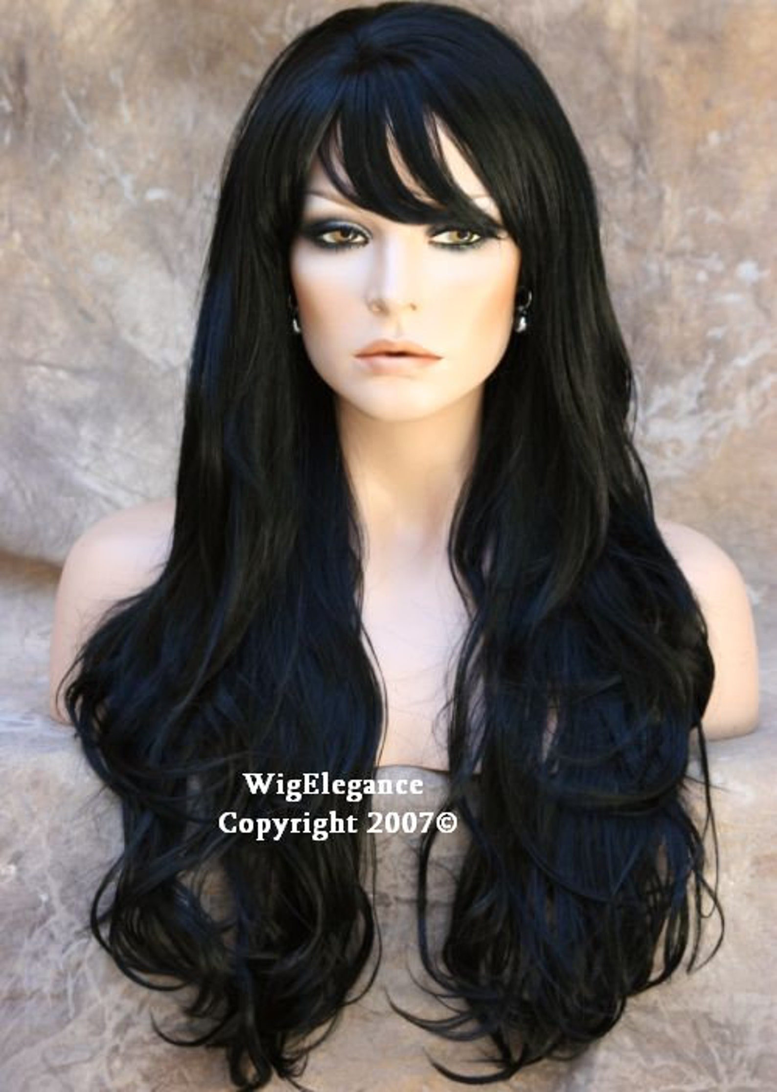 Stunning Human Hair Blend Wig Black Long Layered Wavy Full Wig Heat ...