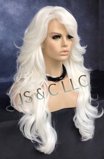 White Human Hair Blend Long Wig Wavy Curly Bangs Off center | Etsy