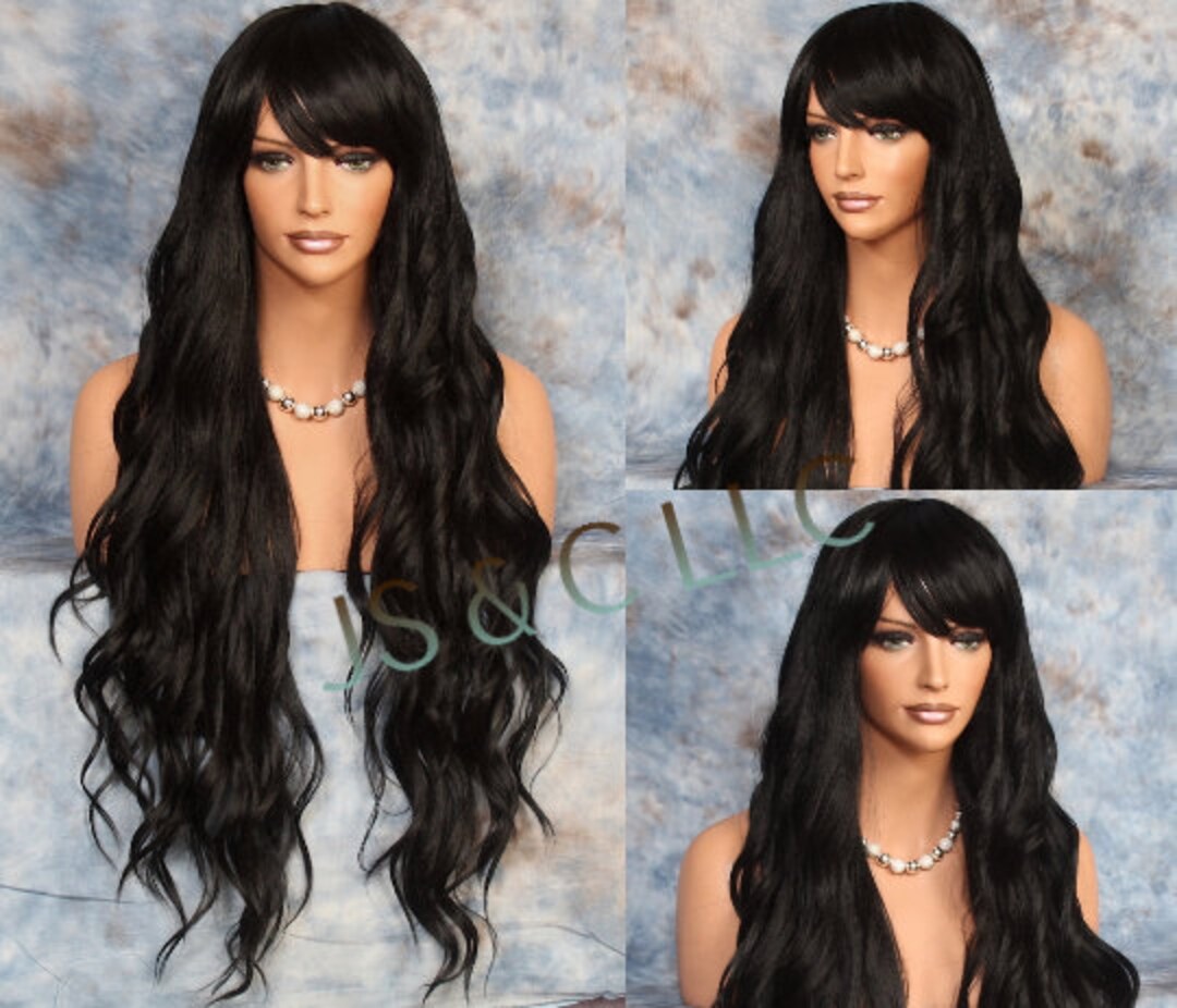 Extra Long Wig Black Heat Resistant Layered Wavy With Full Bangs Cancer ...