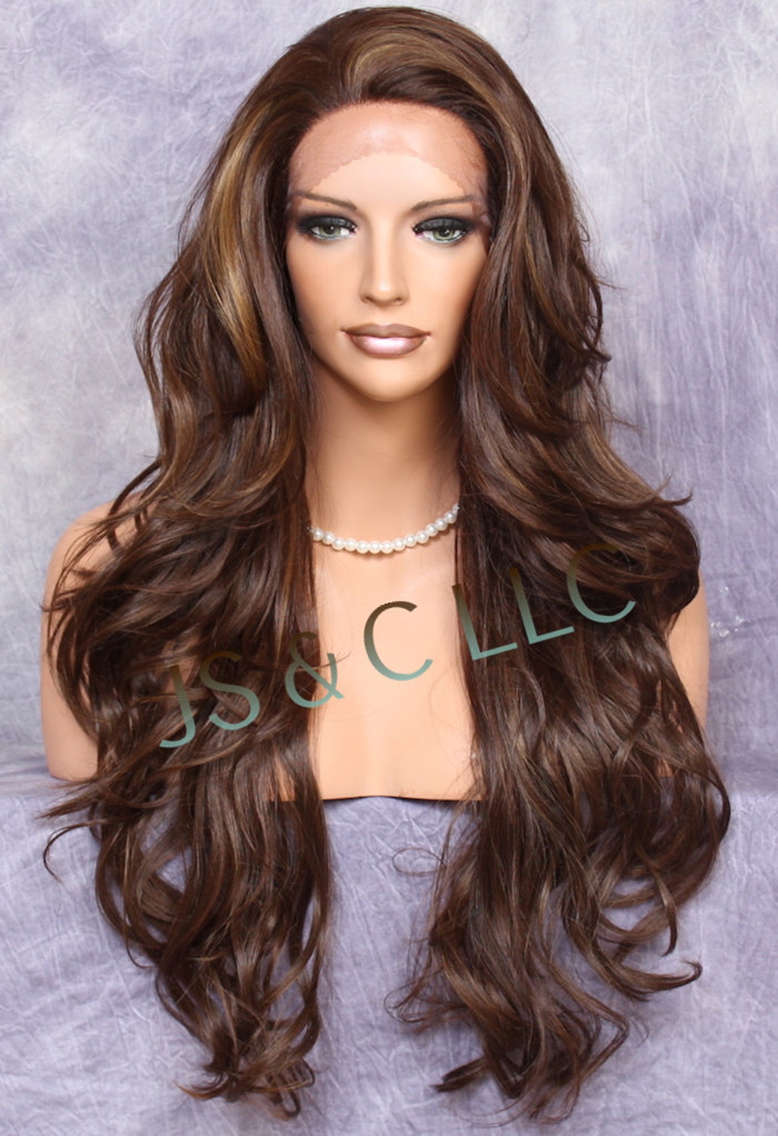 Full Lace FRONT Wig Human Hair Blend Long Wavy Layered Brown Medium ...