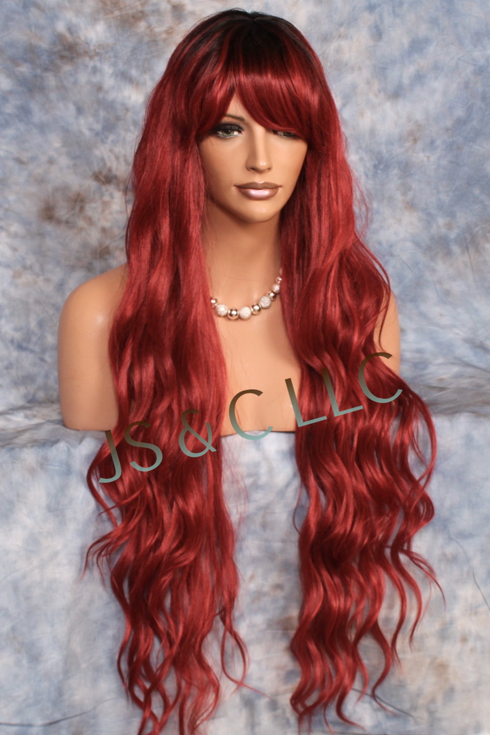 Extra Long Wig RED WINE Heat Resistant Wavy With Full Bangs Cancer ...