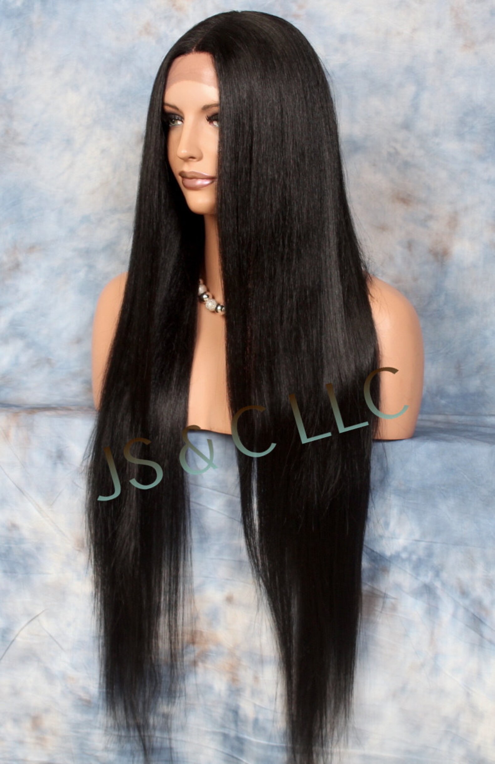 45" Human Hair Blend Lace Front Wig Hand Tied Center Part Straight Heat ...
