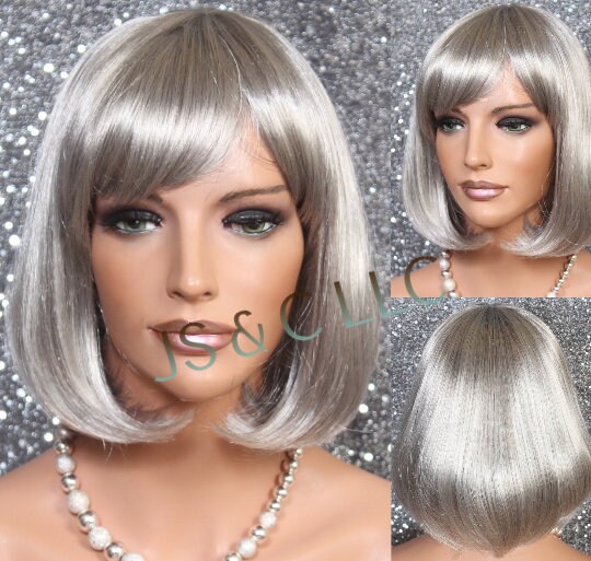 Everyday Bob Wig Silver Mix Grey Full Bangs Can Be Worn Left Etsy