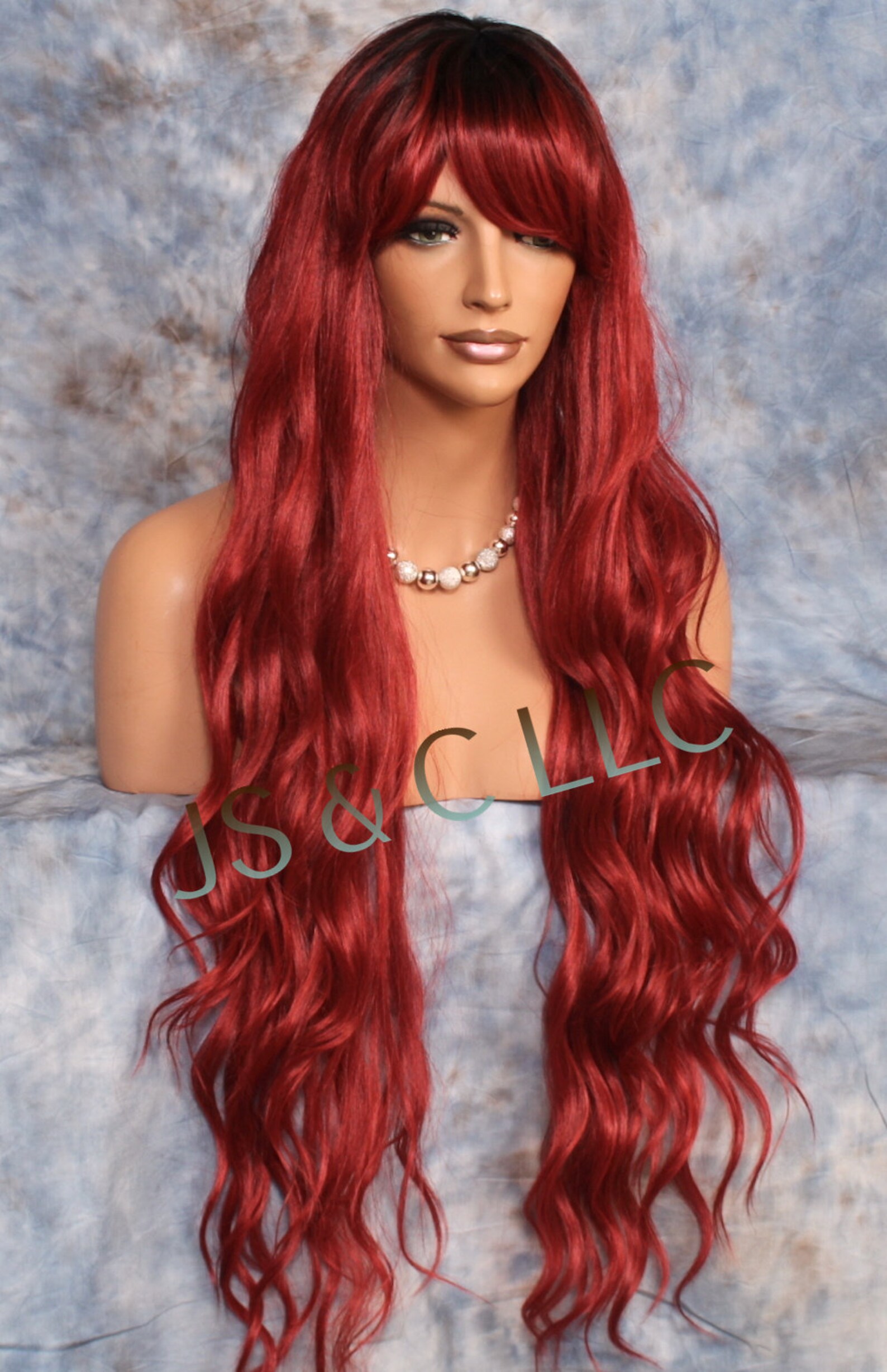 Extra Long Wig RED WINE Heat Resistant Wavy With Full Bangs Cancer ...