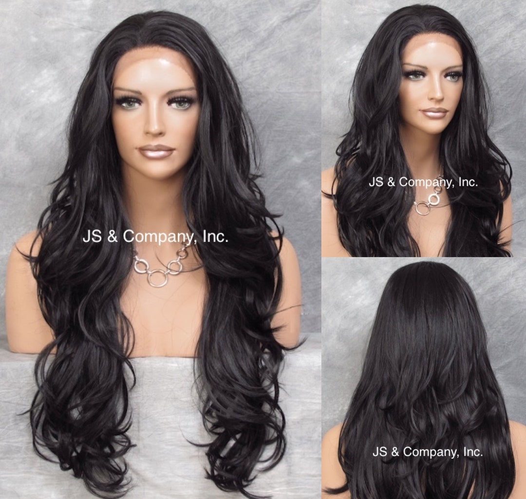 Beautiful Long Human Hair Blend Lace Front Wig Wavy Layered Black Heat ...