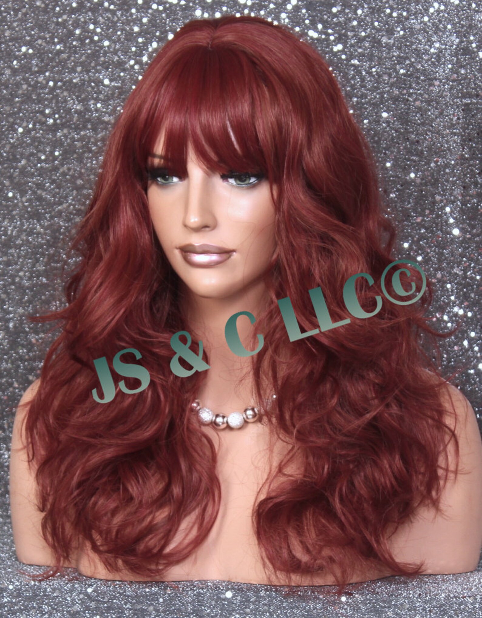 Wine Red Curly Wig Heat OK Center Part Full Bangs Layered Playful and ...