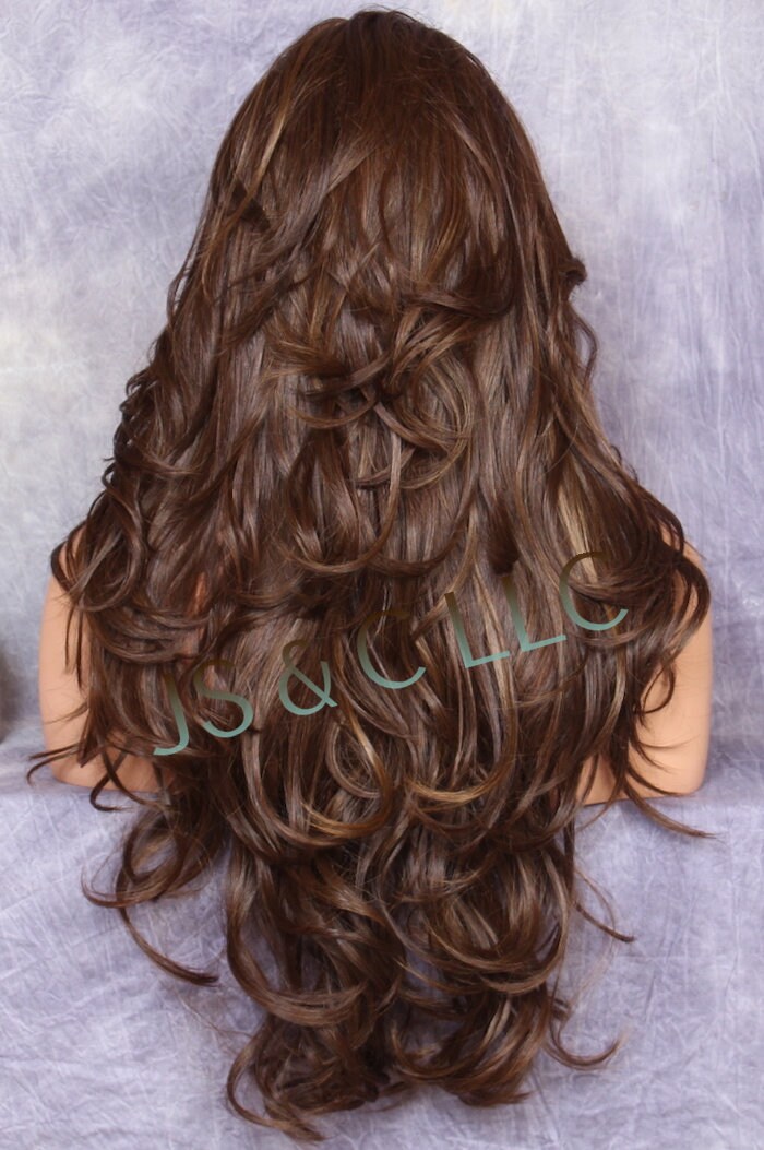 Full Lace FRONT Wig Human Hair Blend Long Wavy Layered Brown Medium ...