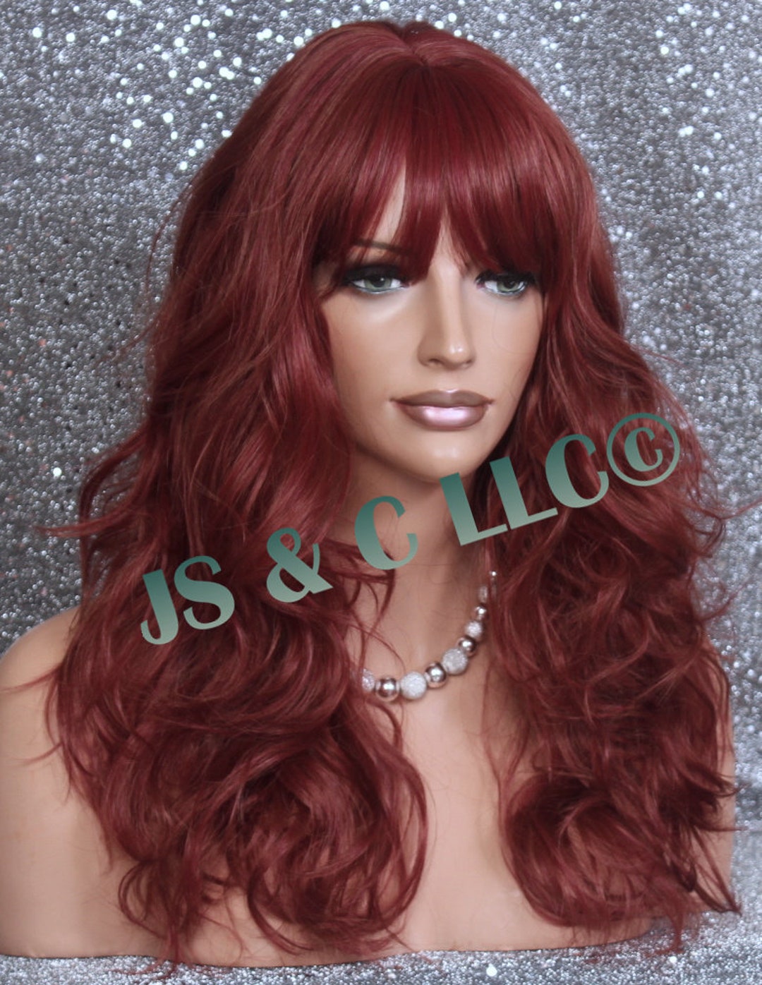 Heat Safe Wine Red Curly Wig With Bangs and Center Part Layered and ...