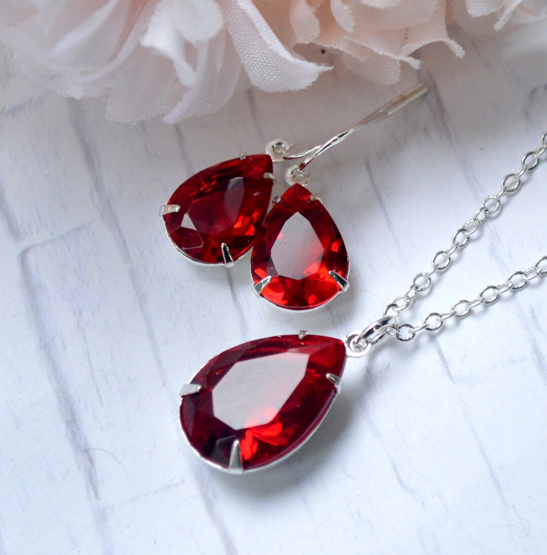 Ruby Red Tear Drp Glass Jewel Crystal Pendant Necklace With Sterling ...