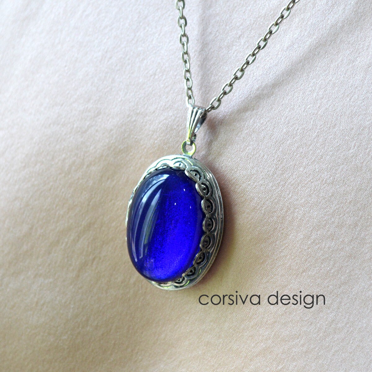 Antique Silver Locket Oval Locket Blue Glass Cabochon Jewel Gem Stone ...