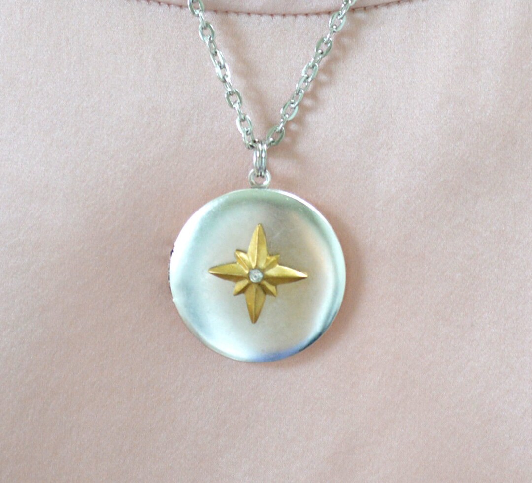 North Star Locket Chain Necklace Round Locket Crystal Rhinestone Jewel ...