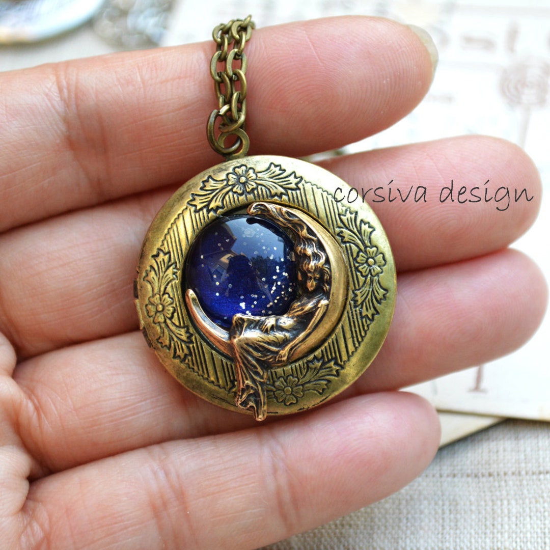 Moon Locket Pendant Necklace Crescent Moon Goddess Fantasy Art - Etsy
