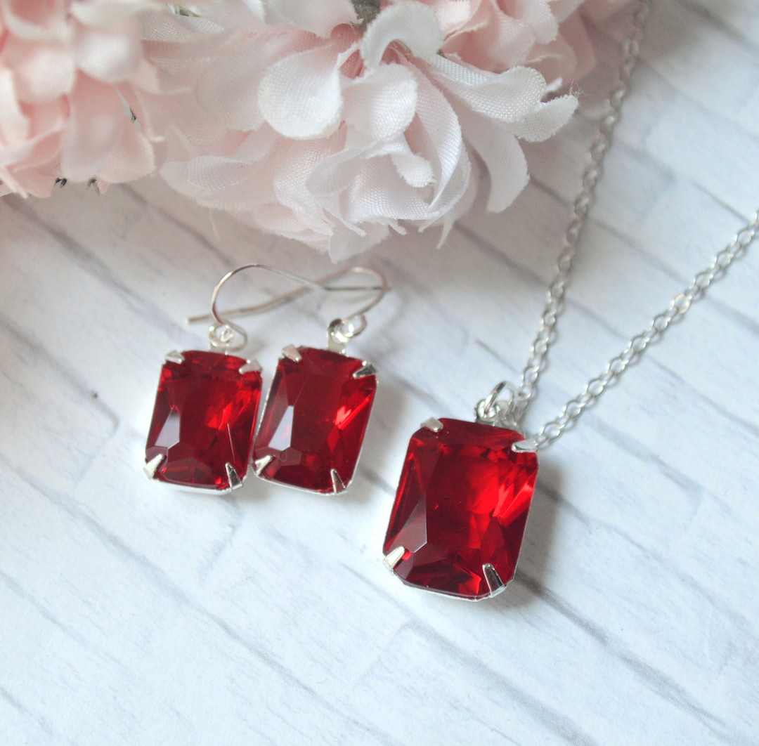 Ruby Red Octagon Glass Jewel Crystal Pendant Necklace With Sterling ...
