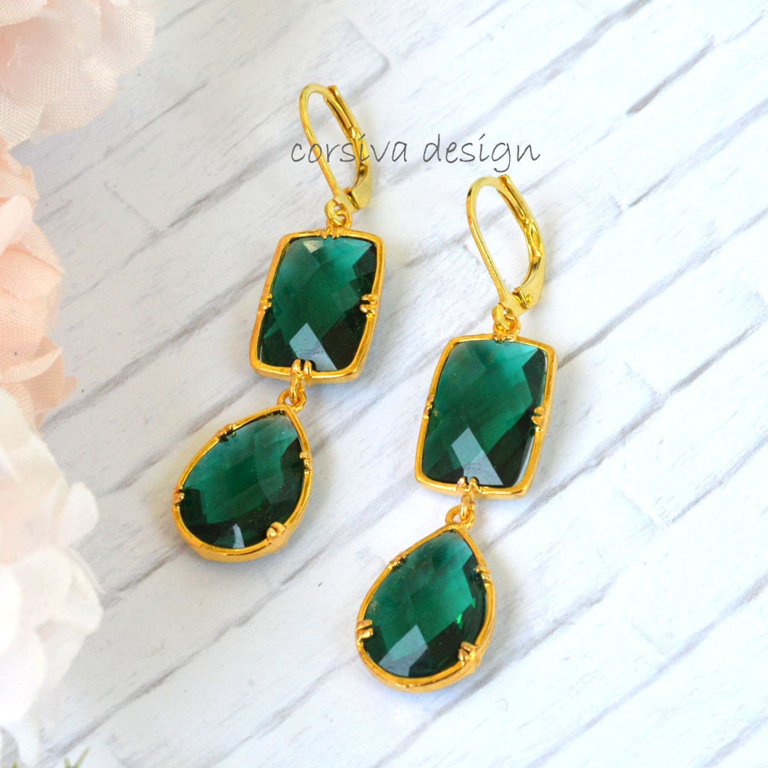 Emerald Facet Tear Drop and Rectangular Glass Jewel Earrings in Gold ...