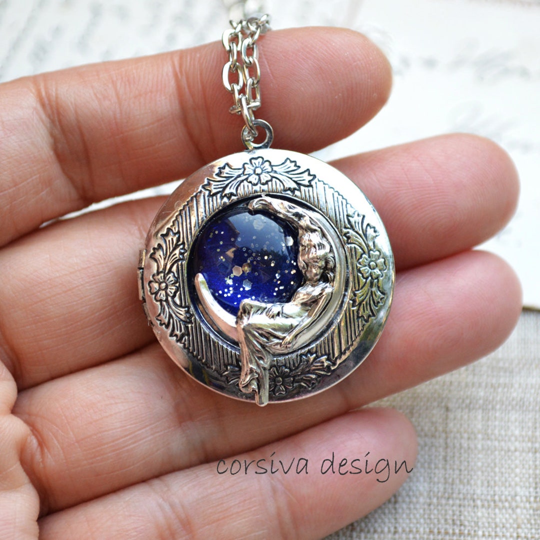 Moon Locket Pendant Necklace Crescent Moon Goddess Fantasy Art Jewelry ...