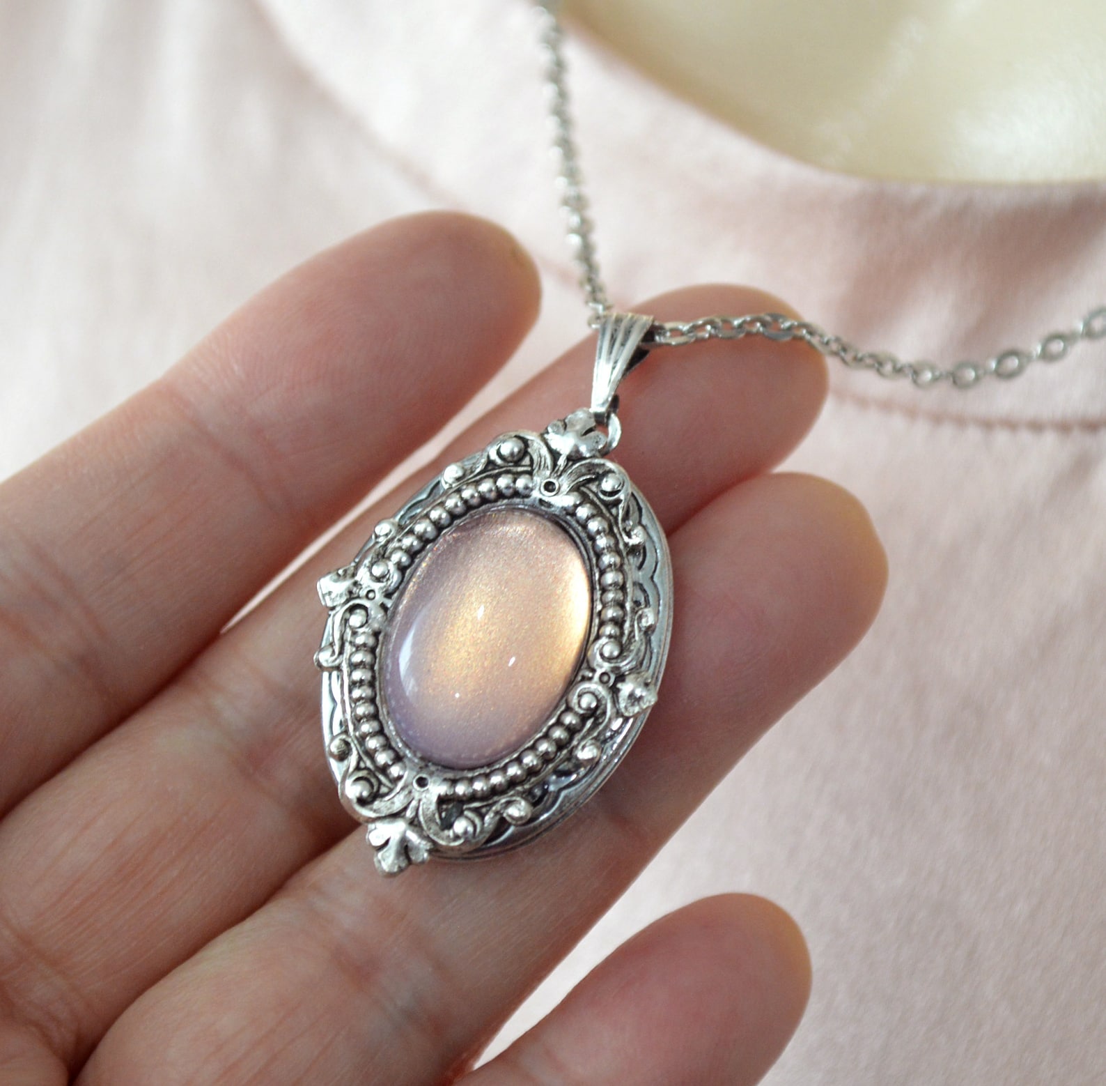 Pinkish Moon Stone Glass Oval Locket Victorian Filigree Glass Jewel ...