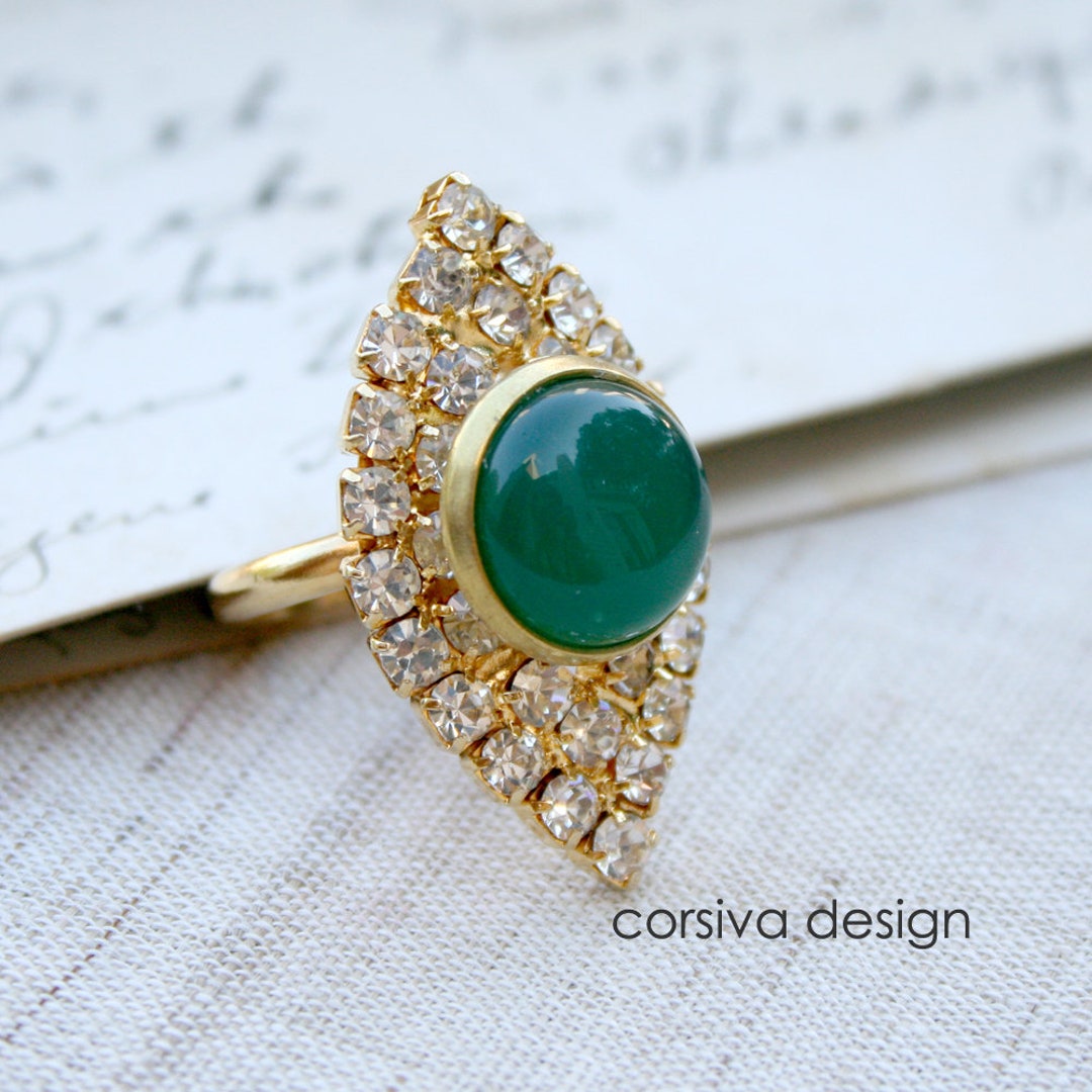 Elegant Statement Gold Ring Jade Glass Jewel Surrounded With ...