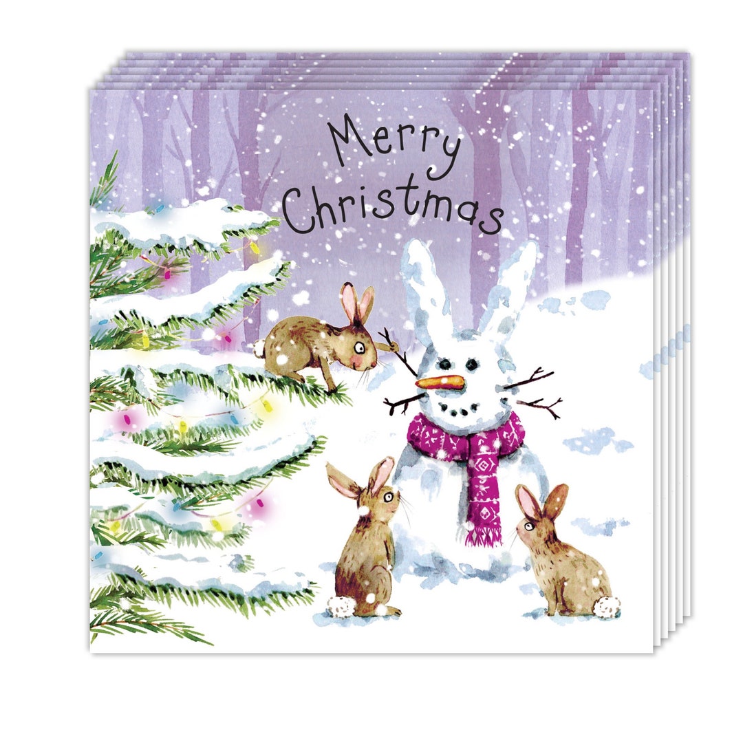 Pack of 12 Merry Christmas Cards - Cute Bunnies Design - Happy ...