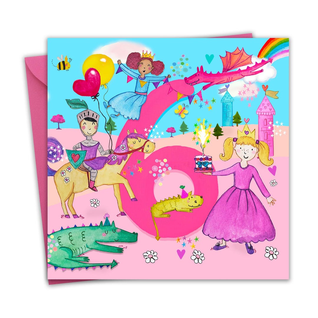 6th Birthday Card for Girls - Princesses & Dragons - Age 6 Year Old ...