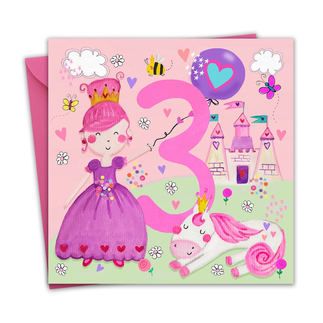 3rd Birthday Card for Girls - Princess - Age 3 Happy Birthday Card ...