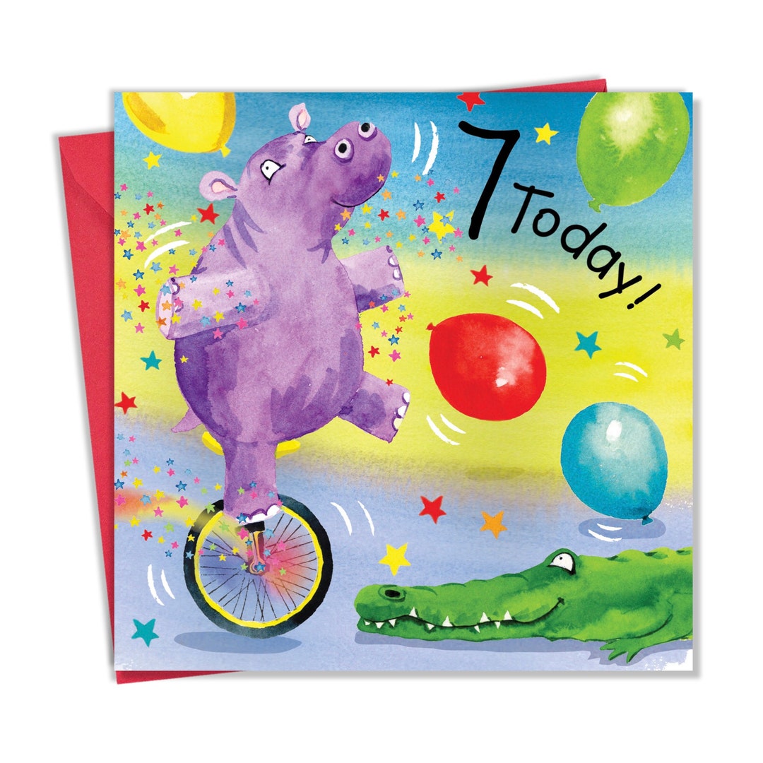 7th Birthday Card for Boy or Girl Hippo - Children's Seventh Birthday ...