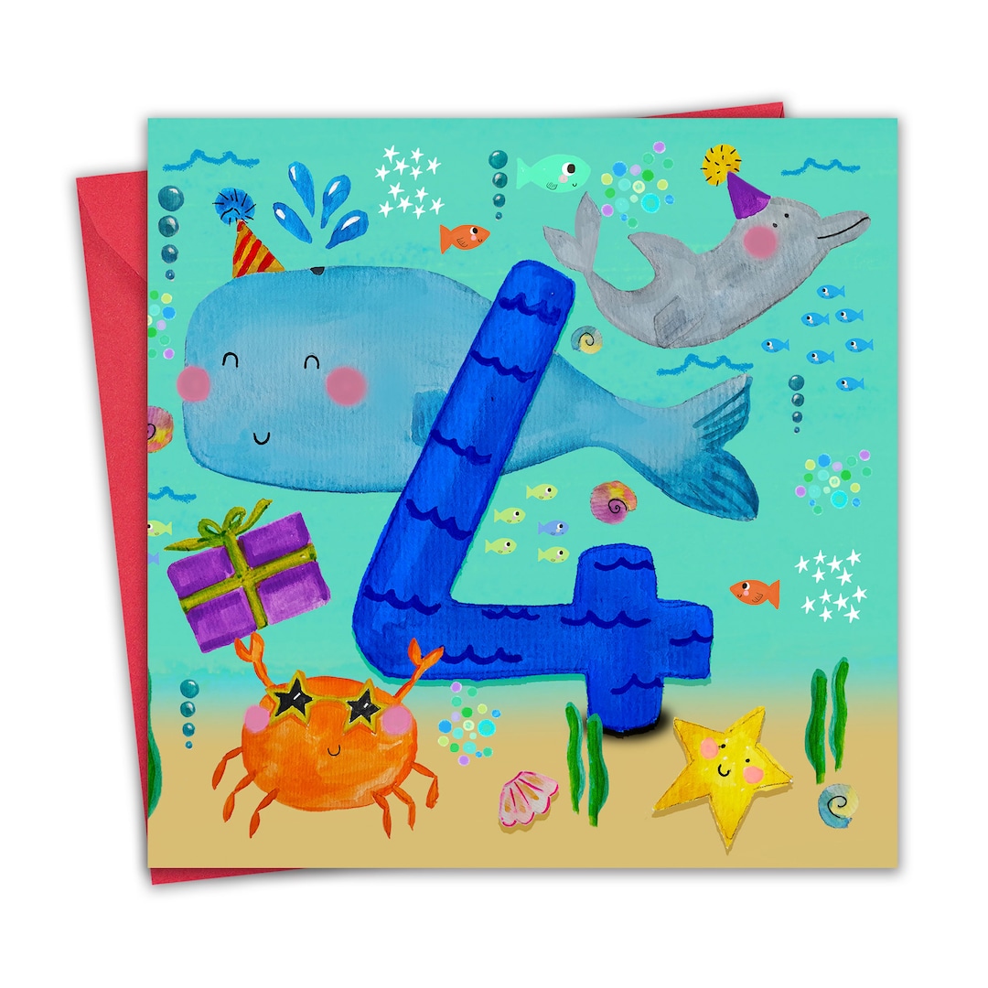 4th Birthday Card for Boys - Sea Animals - Age 4 Happy Birthday Card ...